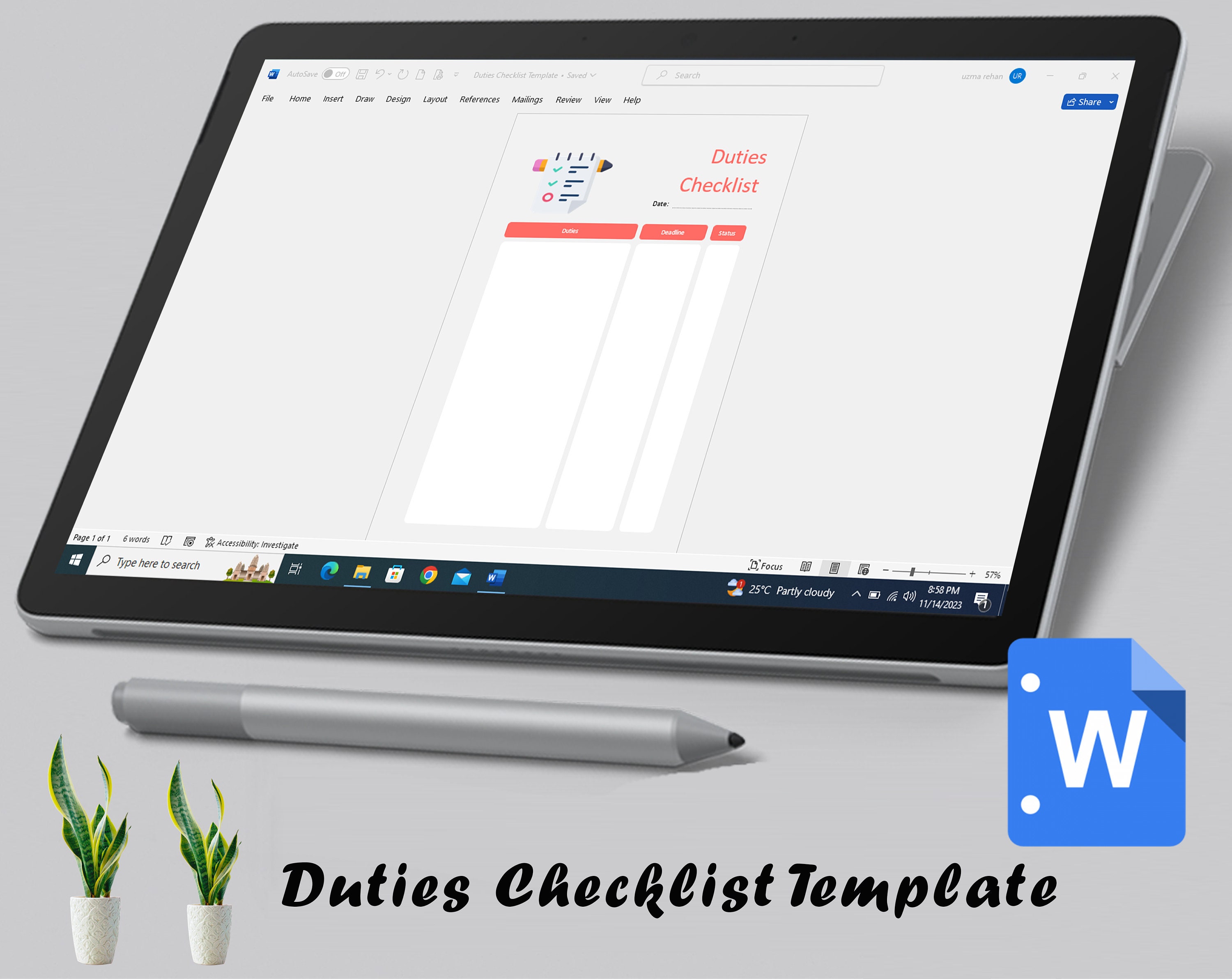 Duties Checklist Template | Editable MS Word Duties - Organizer | Task ...