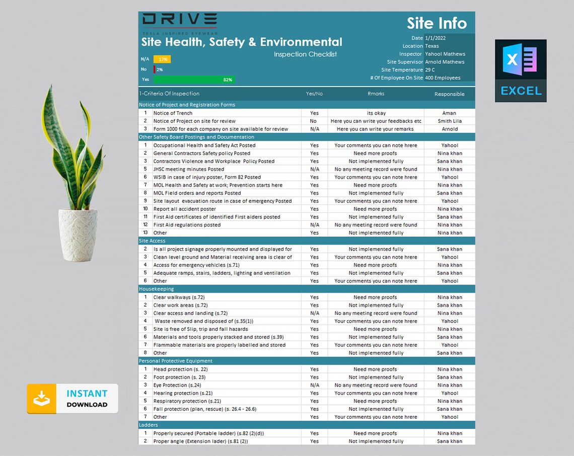 Site HSE Inspection Checklist Template Safety Checklist HSE Checklist ...