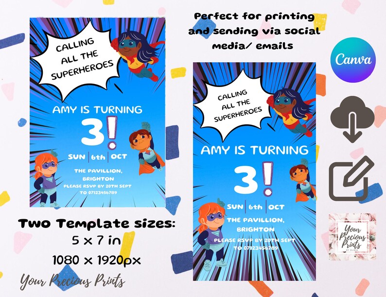 Editable Downloadable Template Calling All the Superhores Kids Birthday ...