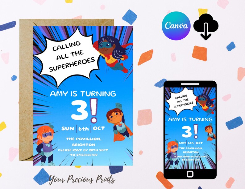 Editable Downloadable Template Calling All the Superhores Kids Birthday ...