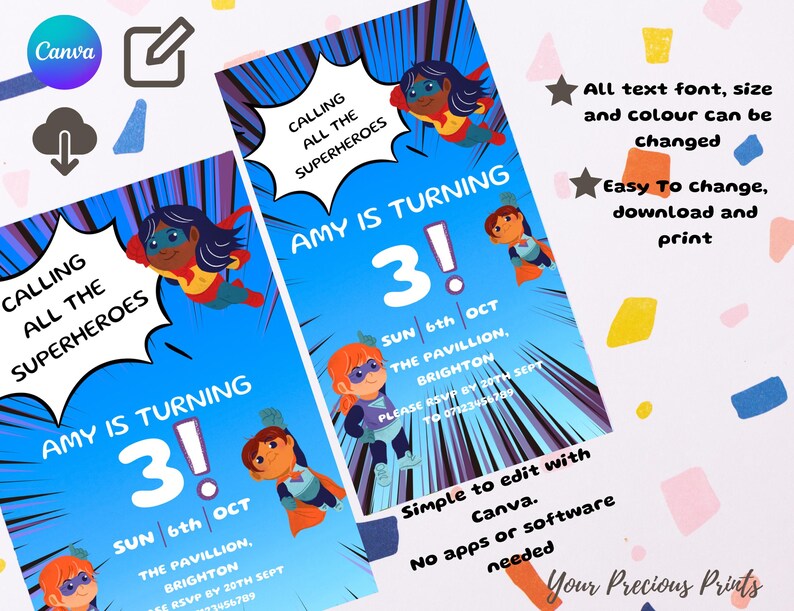 Editable Downloadable Template Calling All the Superhores Kids Birthday ...