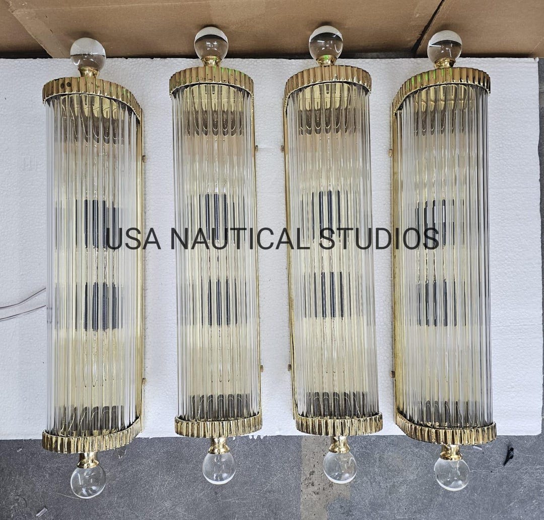 Set of 4 Vintage Old Art Deco Brass & Glass Rod Ship Light Fixture Wall ...