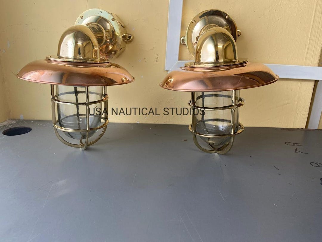 Vintage Brass Bulkhead Light With Copper Shade: Nautical Wall Accent - Etsy