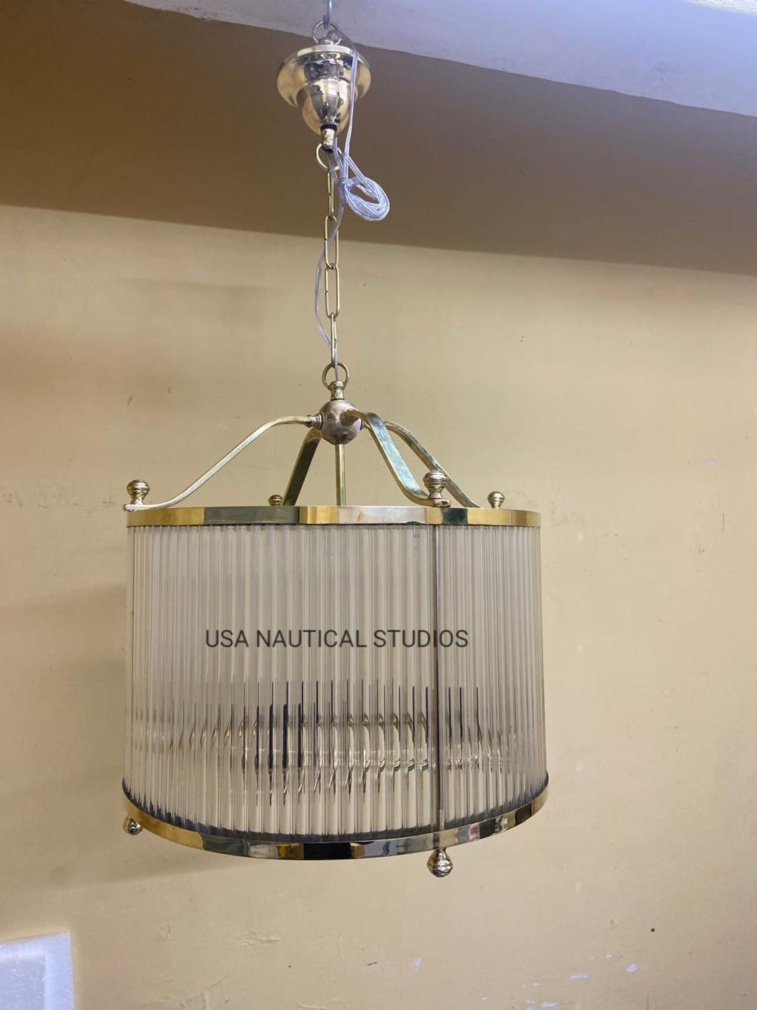 Vintage Art Deco Brass & Glass Rod Ceiling Chandelier | 18-inch Antique ...