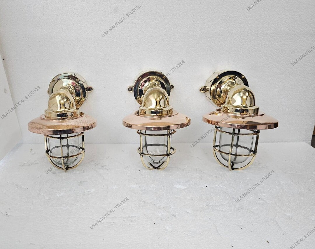 Heavy Duty Industrial Brass Ship Light With Copper Shade and Glass Dome ...