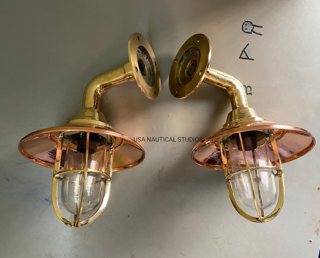 Pair of Cast Brass Bulkhead Sconce With Copper Hat | Nautical-inspired ...