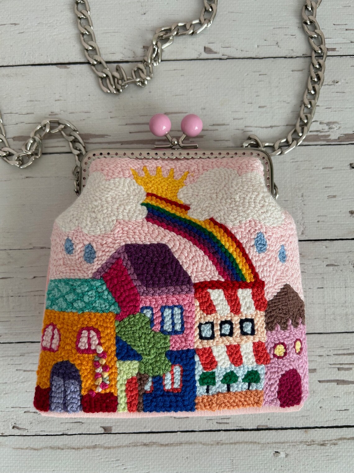 Houses Handmade Embroidered Bag, Punch Needle Crossbody Bag, Unique ...
