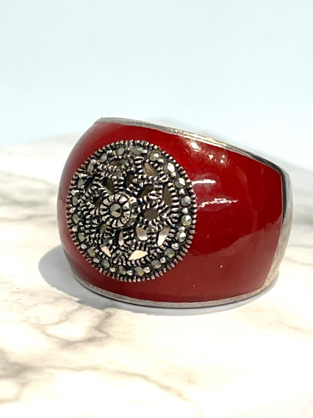 Vintage Sterling Silver Chunky Marcasite and Red Epoxy Beaded Wide ...