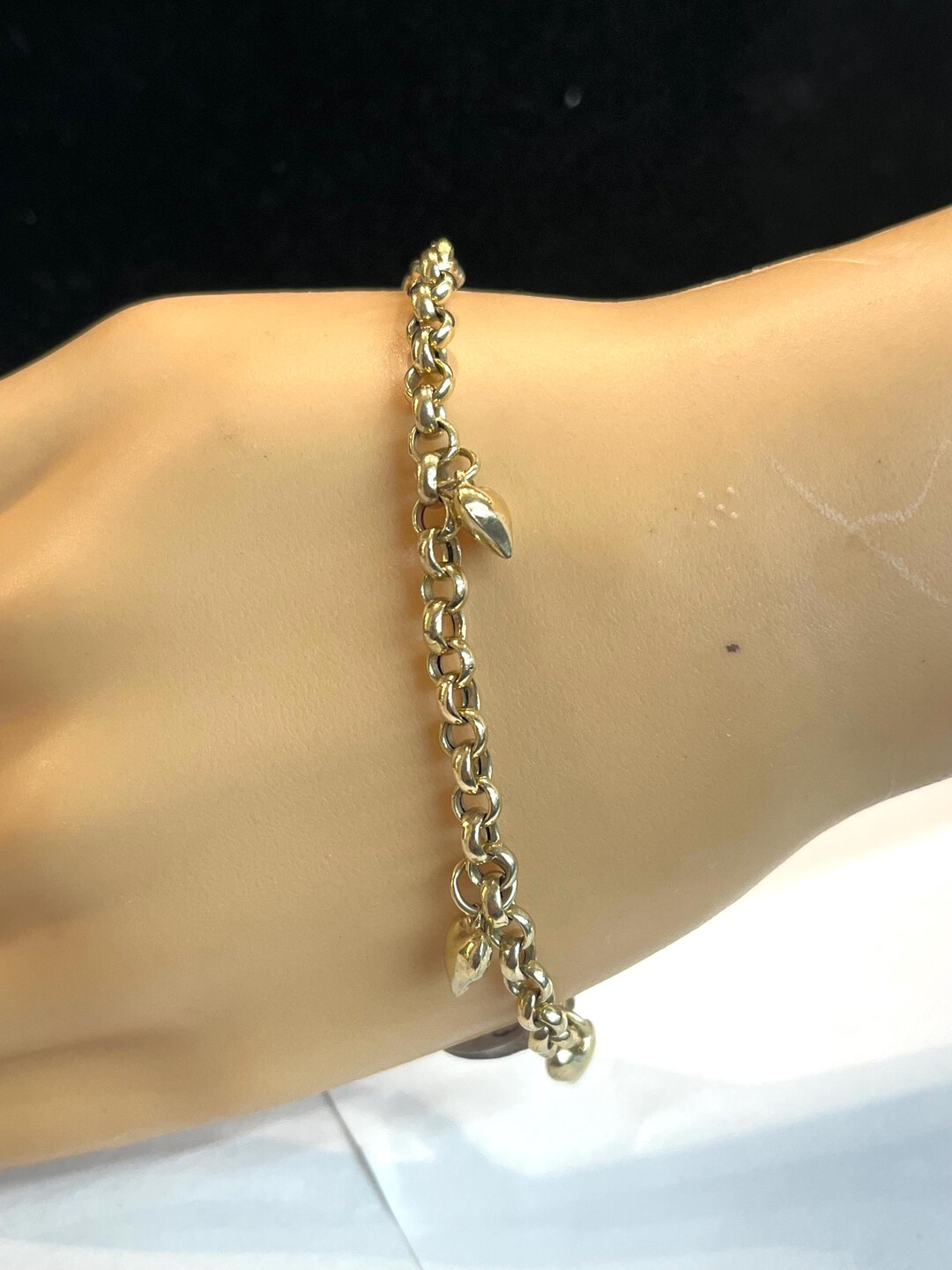 14k Yellow Gold Hallow Light Rolo & Puffy Heart Dangle Charm Bracelet ...