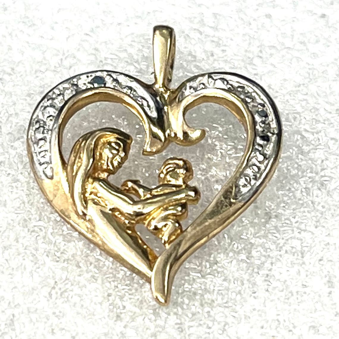 Vintage 10k Solid Gold Mother and Child Heart Pendant With Diamond ...