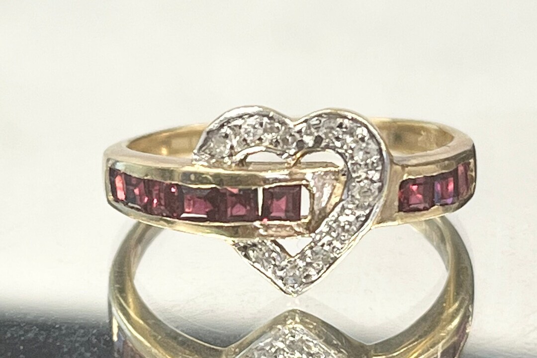 14k Yellow Gold Red Ruby and Diamond Heart Ring - Etsy