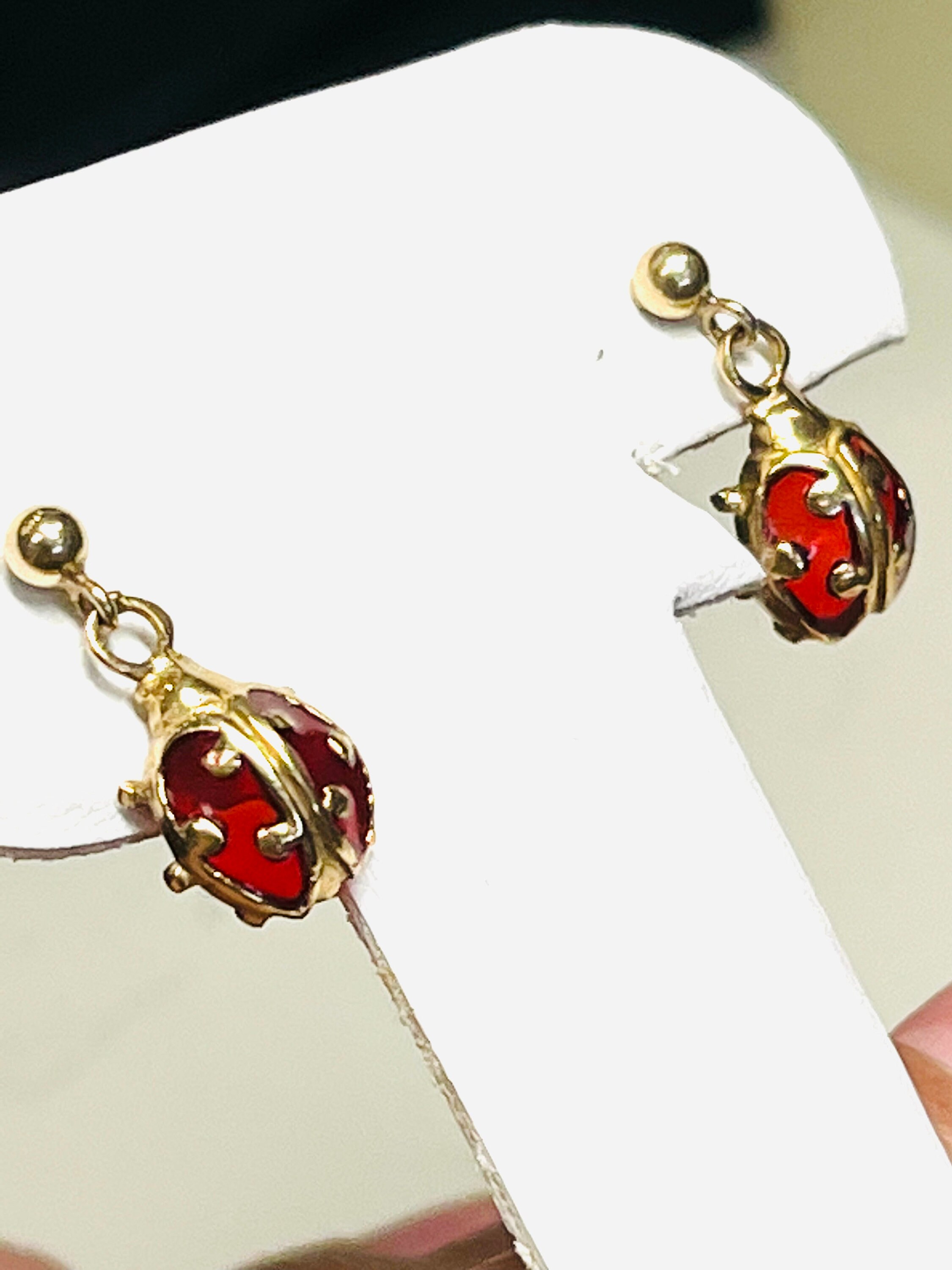 10k Yellow Gold Small Vintage Ladybug Dangle Earrings - Etsy