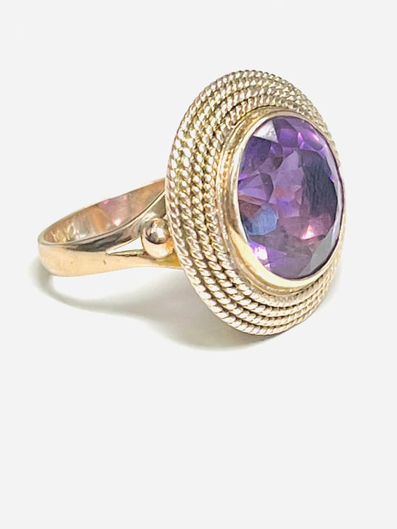 14k Yellow Gold Large Round Amethyst Stone Ladies Coc… - Gem