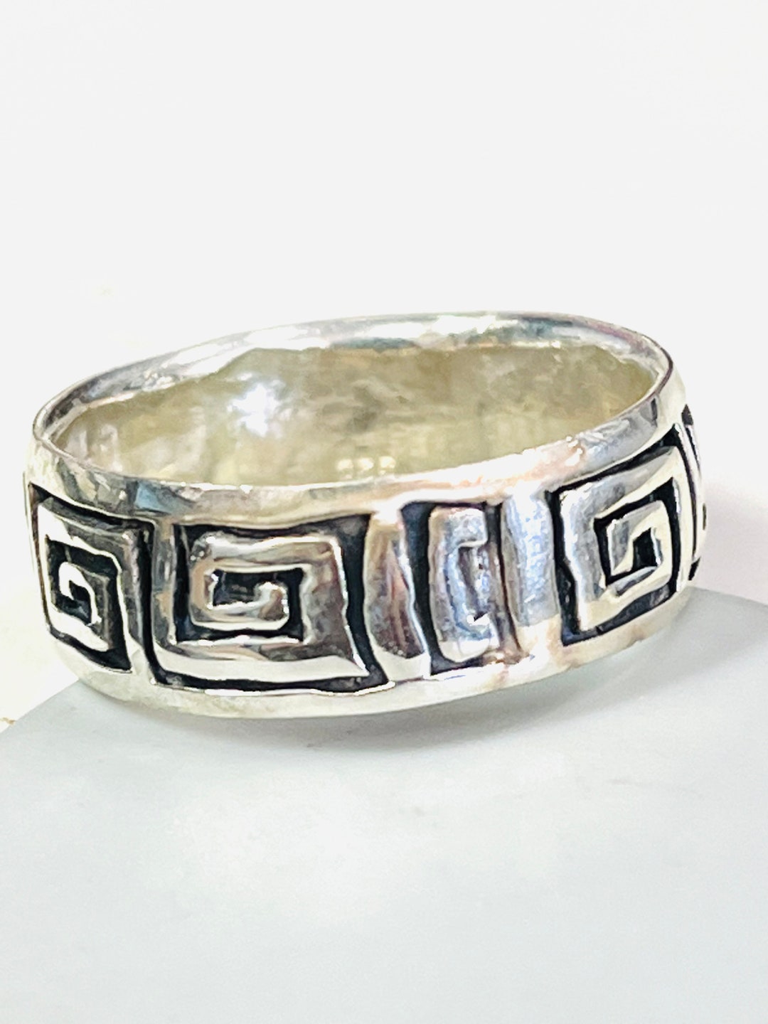 Sterling Silver Vintage Greek Key Swirling Square Design Band Wedding ...