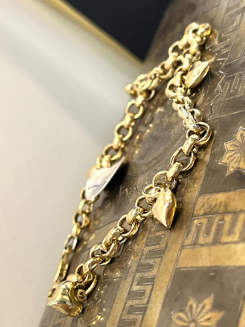 14K Solid Yellow Gold Vintage Chucky Hearts & Rolo Link Bracelet - Etsy