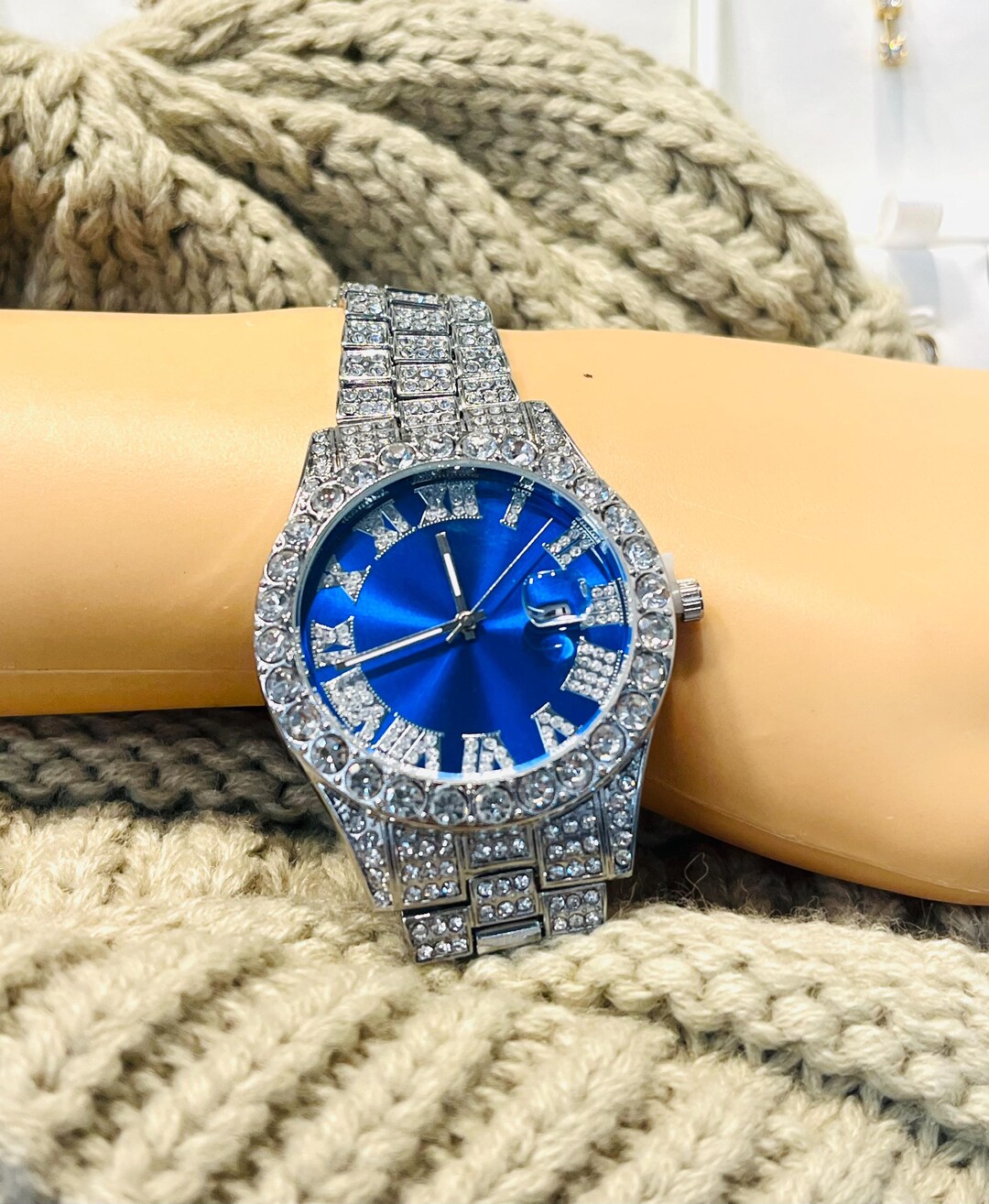 Men's Iced Out Blue Face Luxury Crystal CZ Watch - Etsy