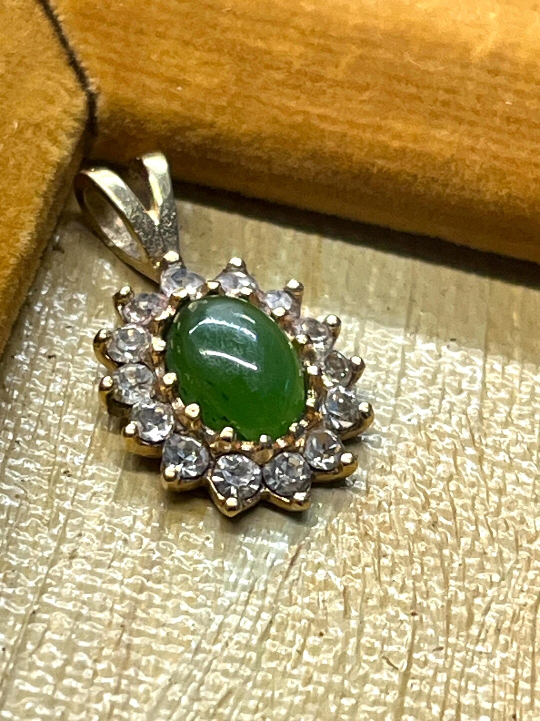 14K Yellow Small Oval Jade W Halo Cubic Zirconia Stones Charm Pendant ...
