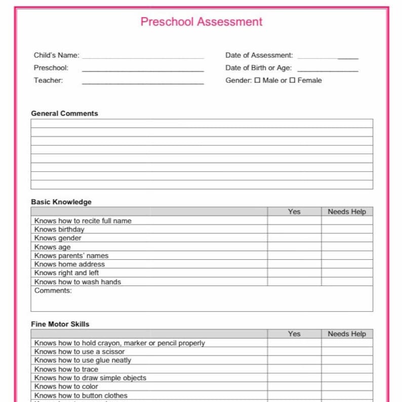 Preschool Assessment Form & Activities Kit - Printable Activity ...