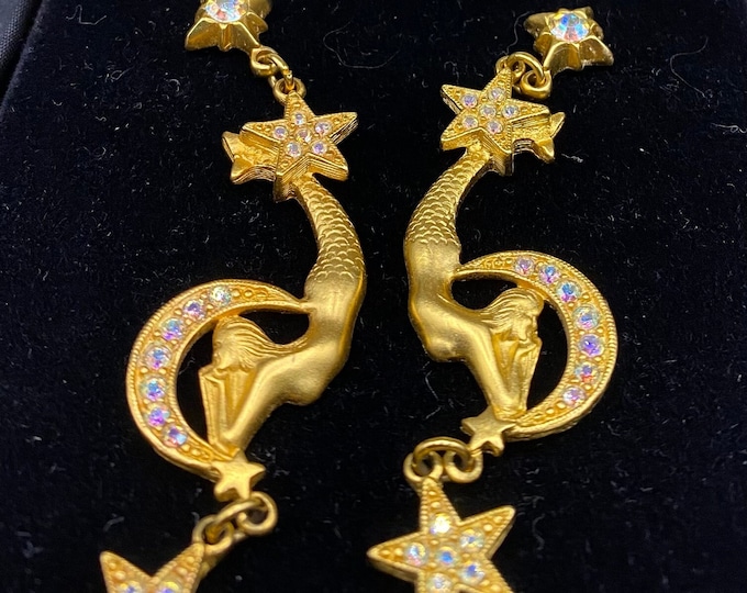 Vintage Kirk's Folly Mermaid Aurora Borealis Crystal Dangle Pierced ...