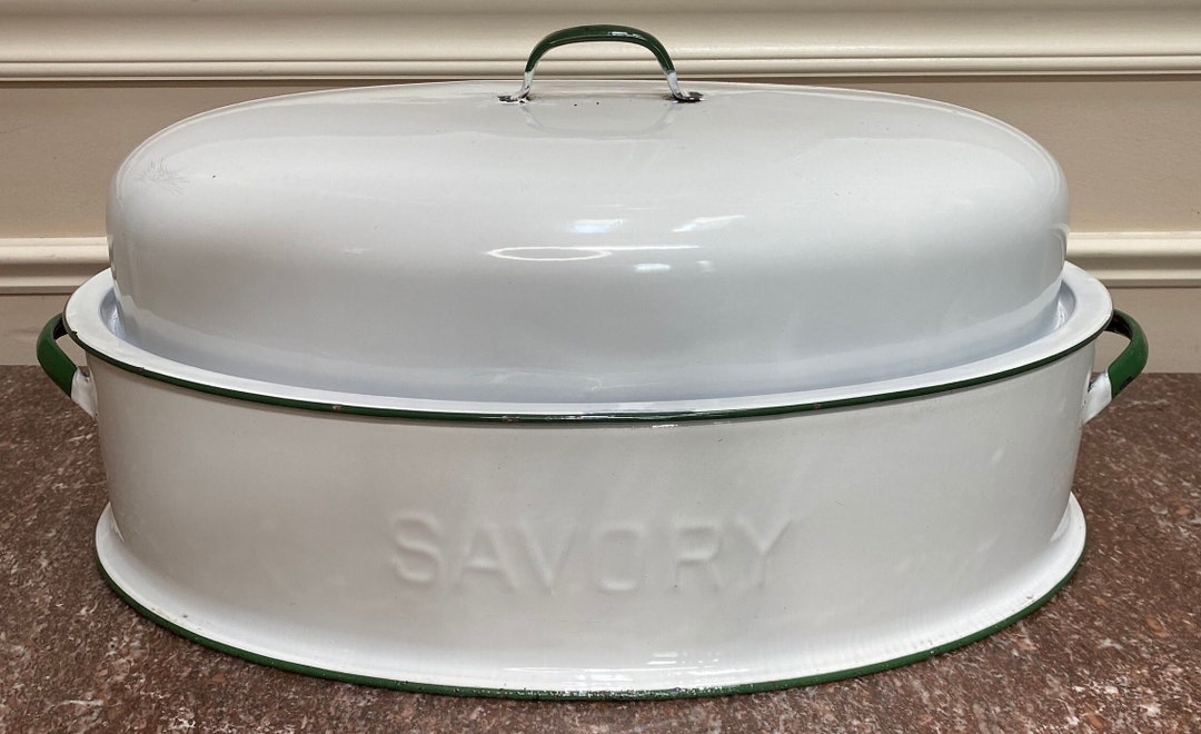 Vintage Extra Large White and Green Enamel Savory Roasting Pan - Etsy