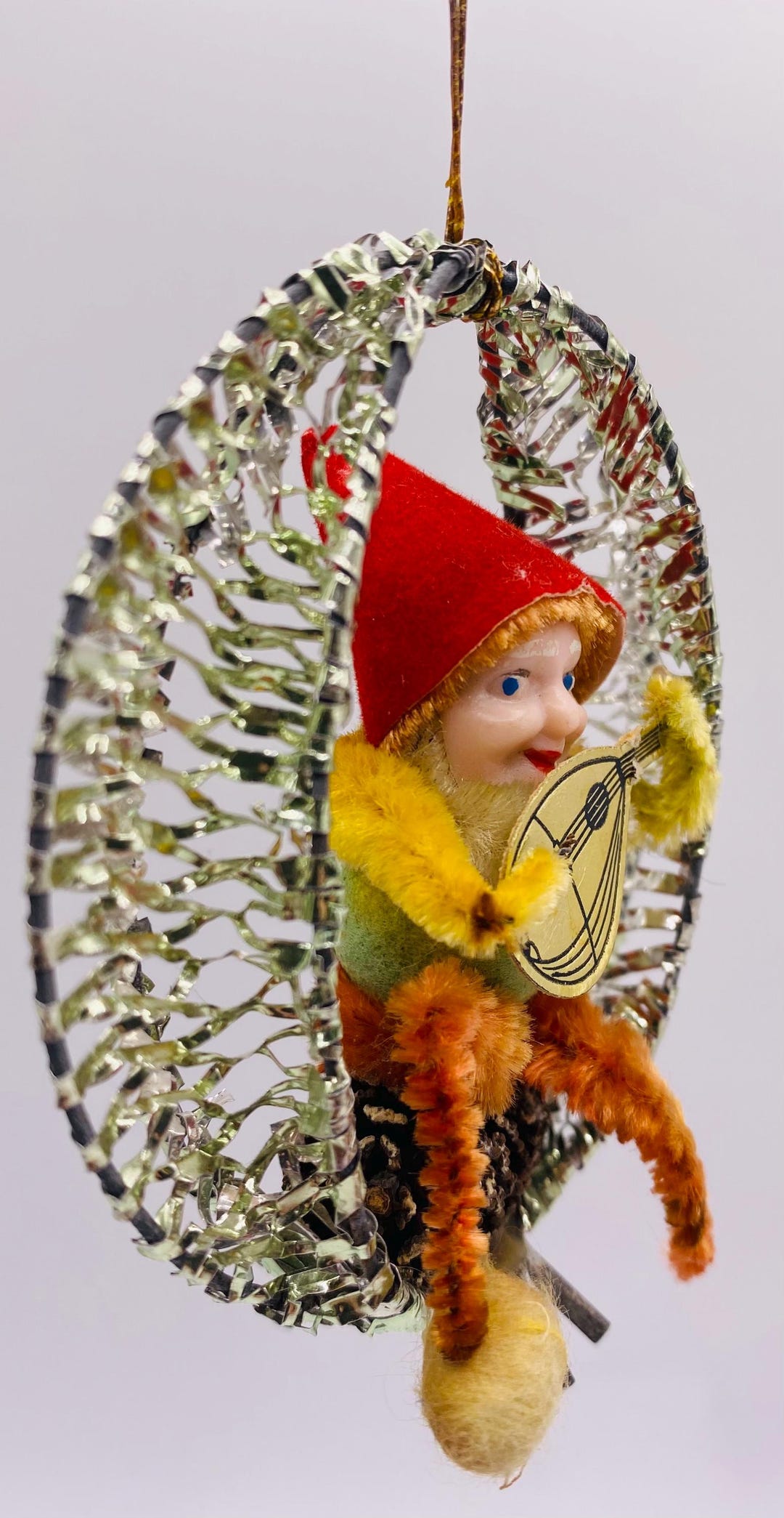 Vintage Shiny Brite Elf Pixie Gnome Banjo Playing Pinecone Christmas ...