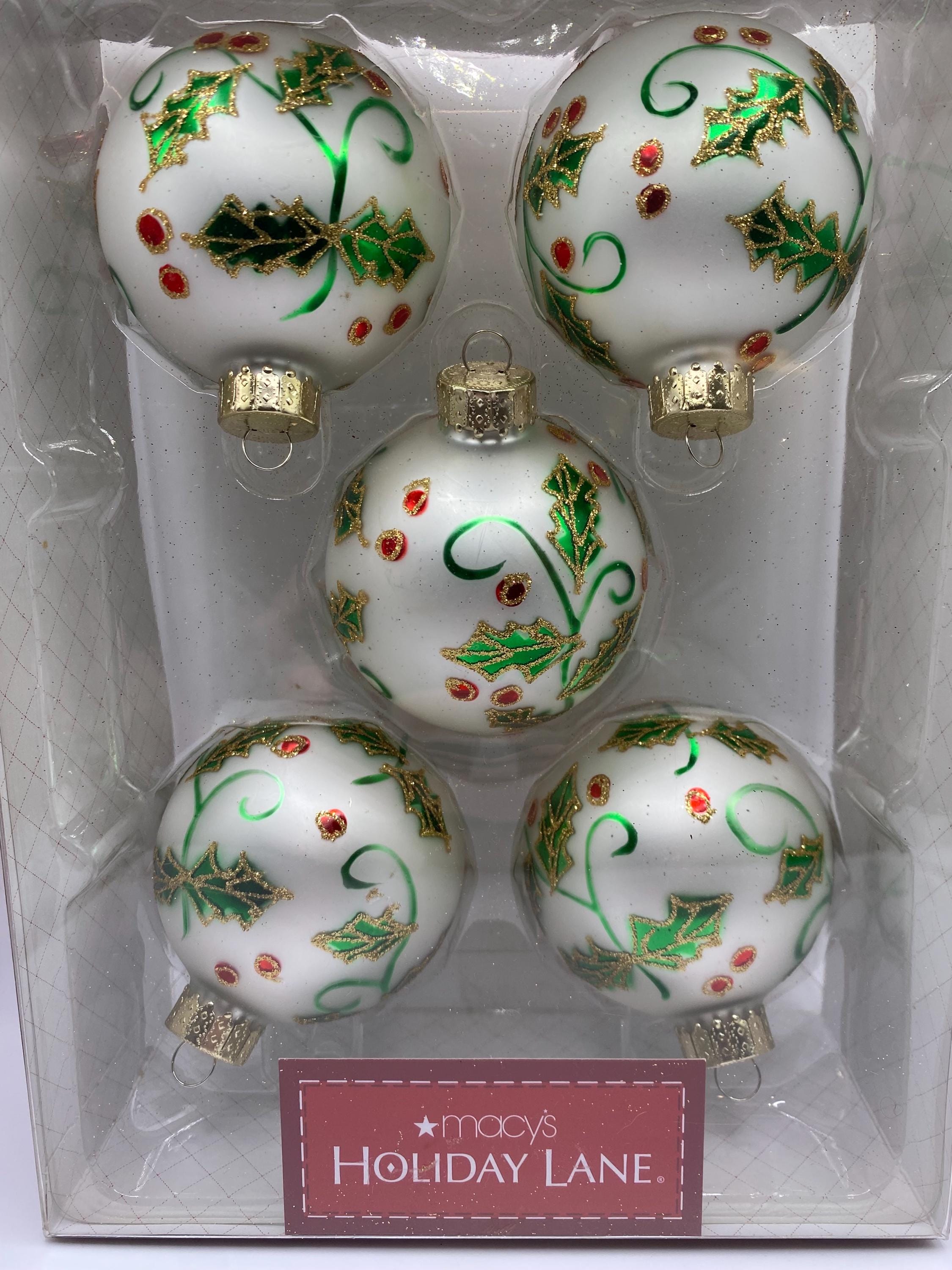 Vintage Macy's Holiday Lane Set of 5 Boxed Holly & White Glass Ball ...
