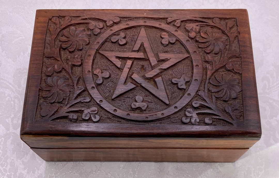 Vintage Pentagram Hand Carved 5 Point Star and Flowers Wood Hinged Box ...