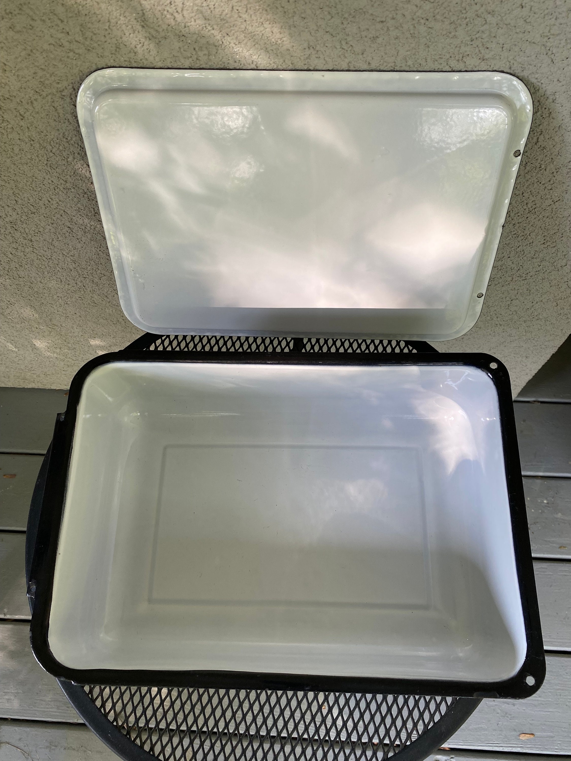 Circa 1940's White and Black Enamelware Large Lidded Rectangular ...