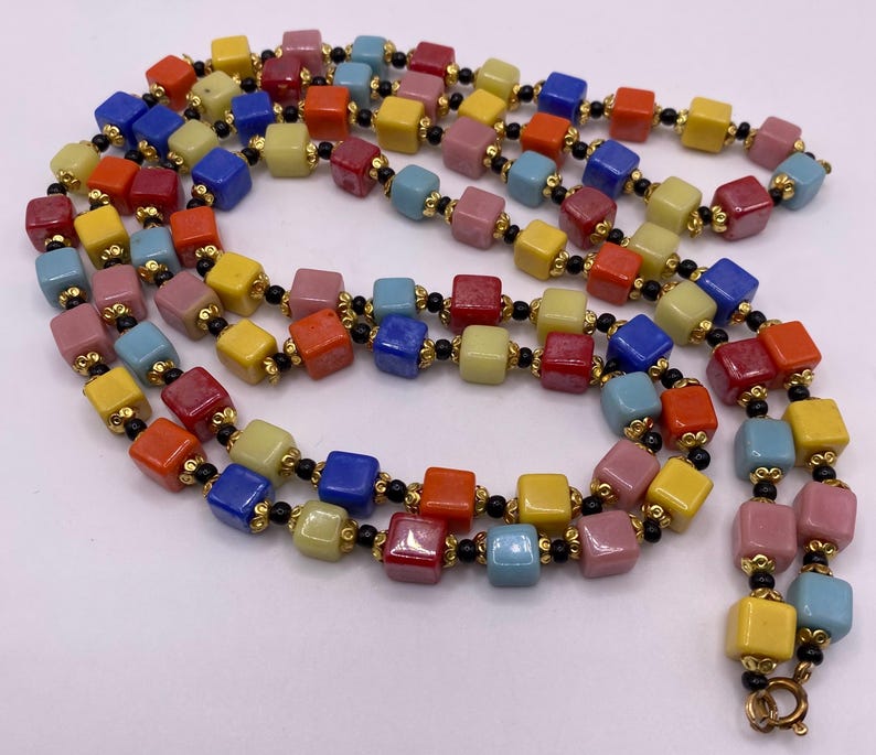 Art Deco Opera Length Multi Color Cube Glass Beaded Necklace - Etsy