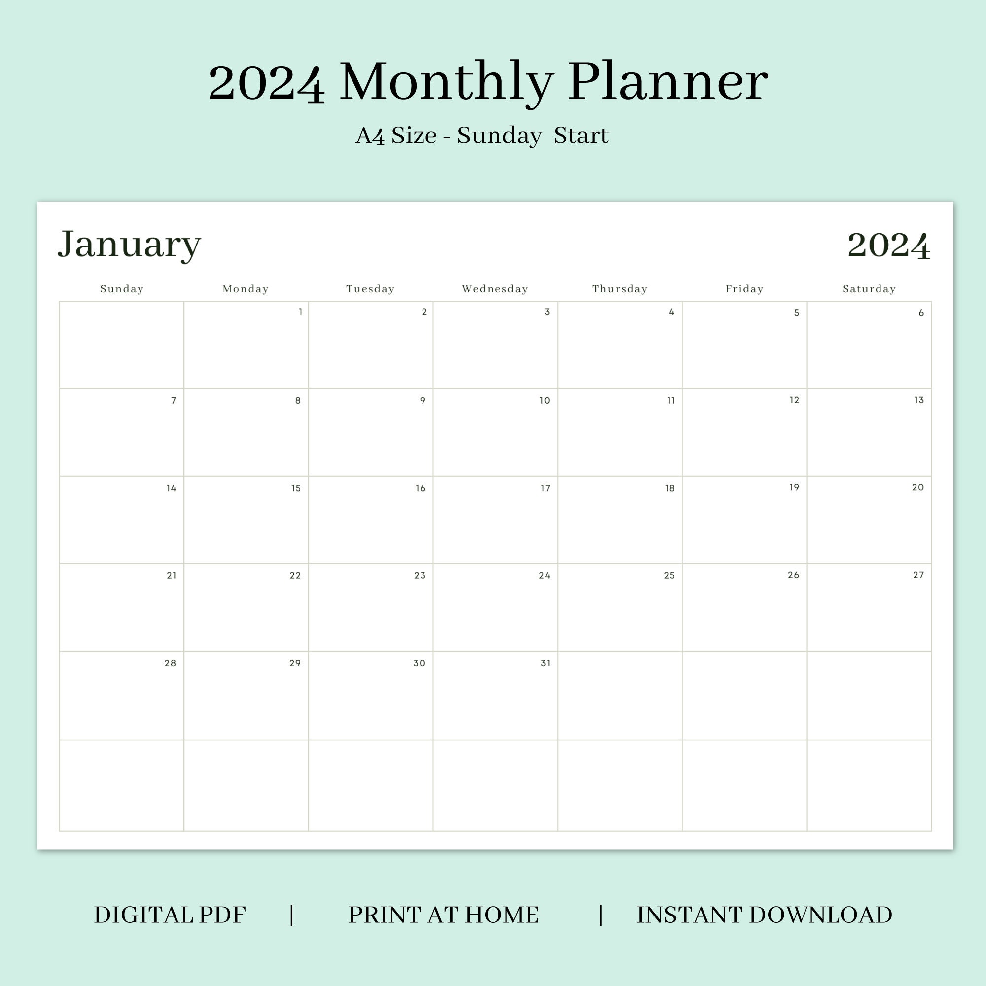 Printable Calendar 2024 Digital Calendar Sunday & Monday - Etsy