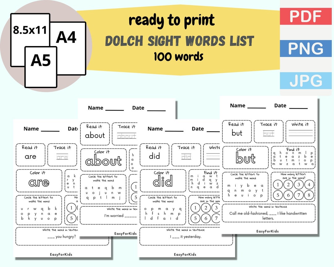 100 Dolch Sight Words List For Preschool Kindergarten Words Etsy 100 Dolch Sight Words List For Preschool Kindergarten Words Etsy