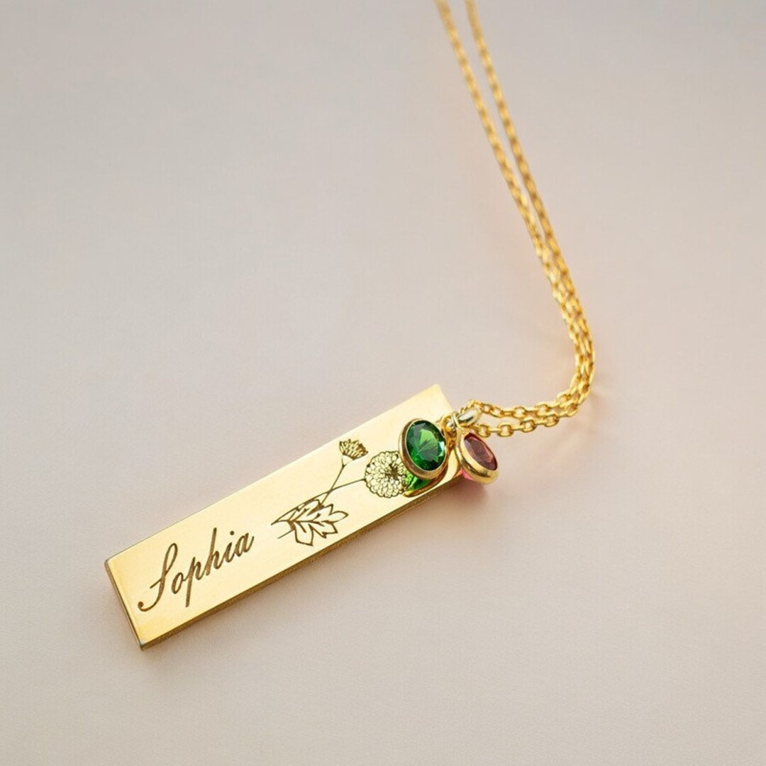 Unique Birth Flower and Birthstone Necklace Floral and Stone Jewelry ...