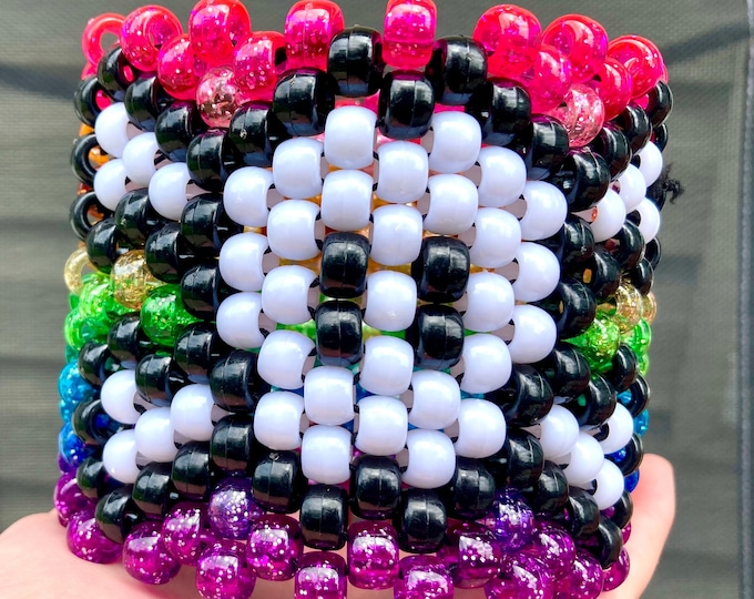 Rainbow Glitter Skull Kandi Cuff |scene Emo Scenecore Multi Stitch Cuff ...
