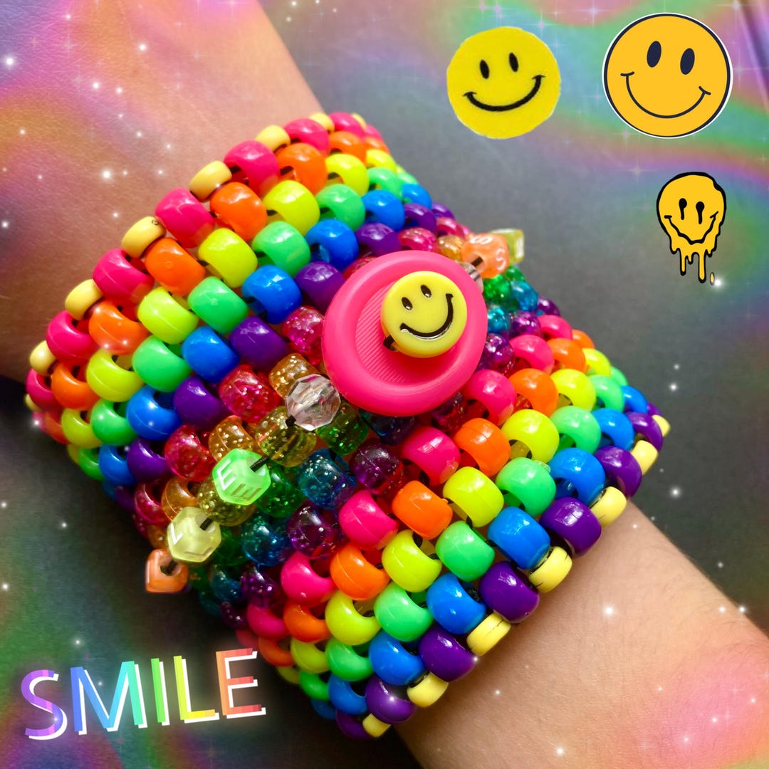 Rainbow Glitter Smile Kandi Cuff Smiley Face Multistitch Cuff Scene ...