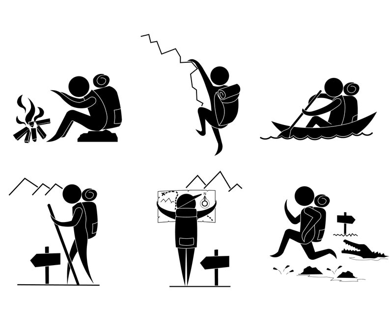 Hiking Stick Figure SVG Bundle Hiking With Backpack, Jumping Stream ...