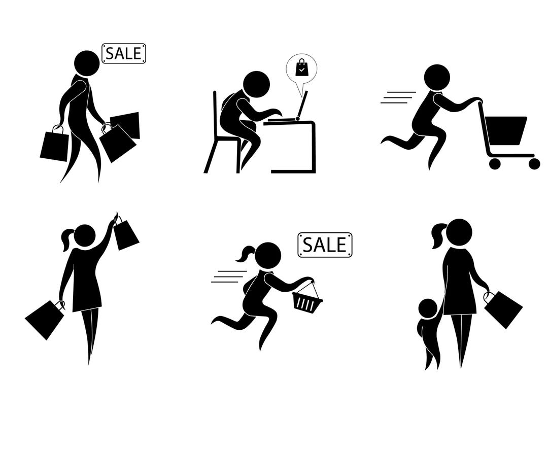 Stick Figure Shopping Clipart Set: Cart, Basket, Hurrying, Relaxed ...