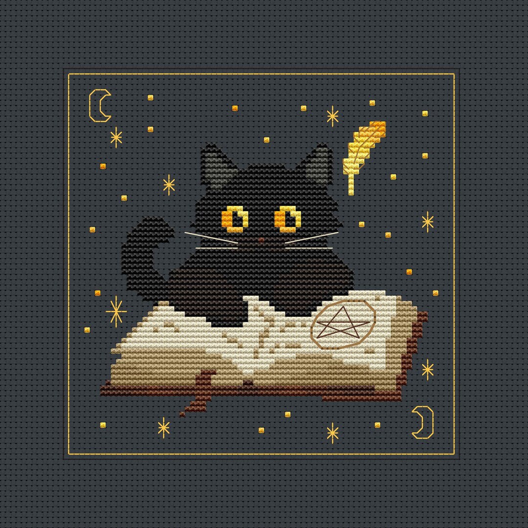 Cat & Spell Book | Black Cat Cross Stitch Pattern | Witchy Familiar ...