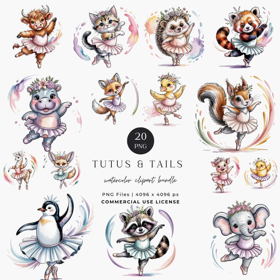 Ballerina Animals Clipart: Watercolor Dancing Animals PNG (digital ...