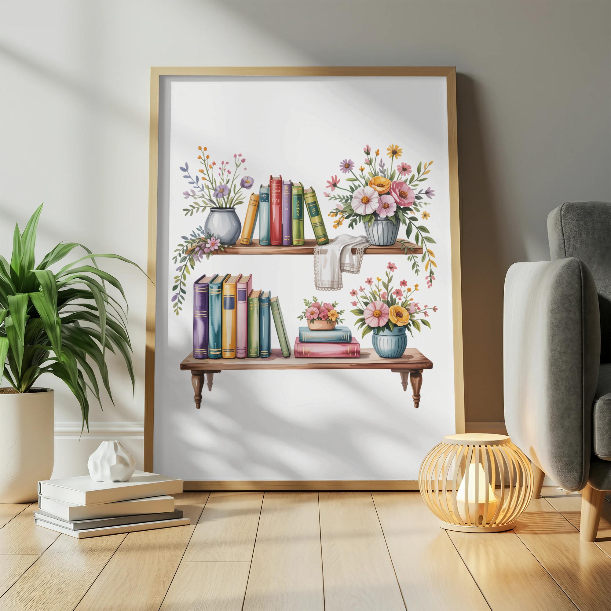 Watercolor Cottagecore Bookcase Clipart Bundle: Floral Bookshelf PNG ...
