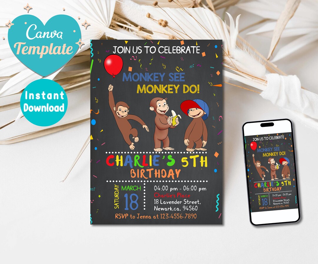 Curious George Birthday Invitation Curious George Party Invite Curious ...