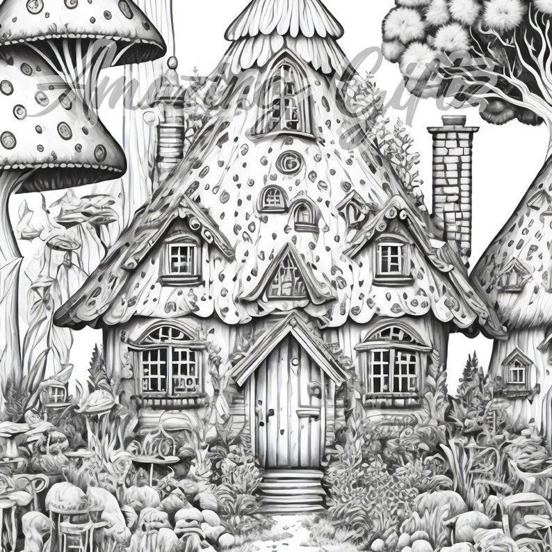 Whimsical Fantasy Mushroom Village Printable Fairy House Coloring Book ...