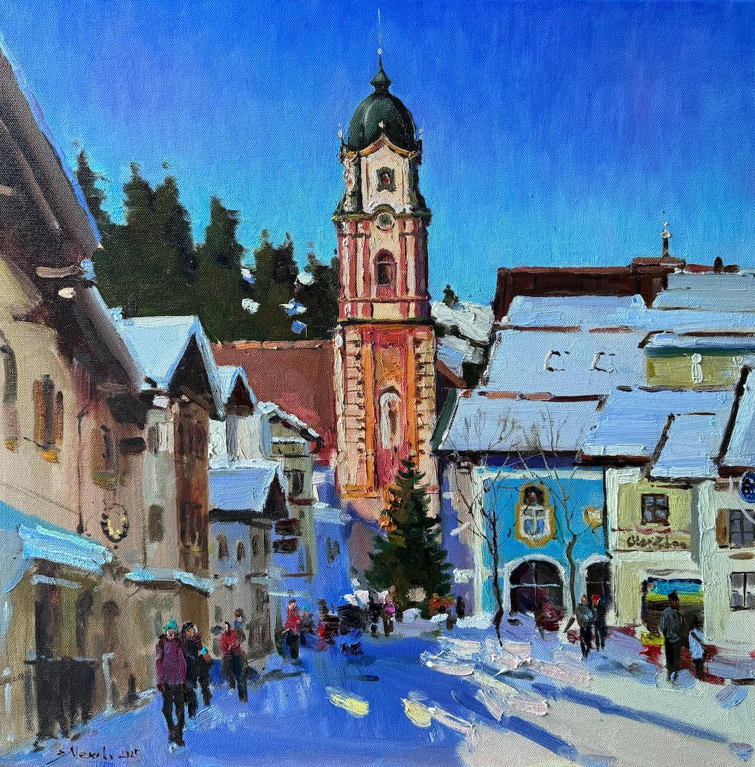Original Oil Painting: Mittenwald Bavaria Winter Cityscape ...