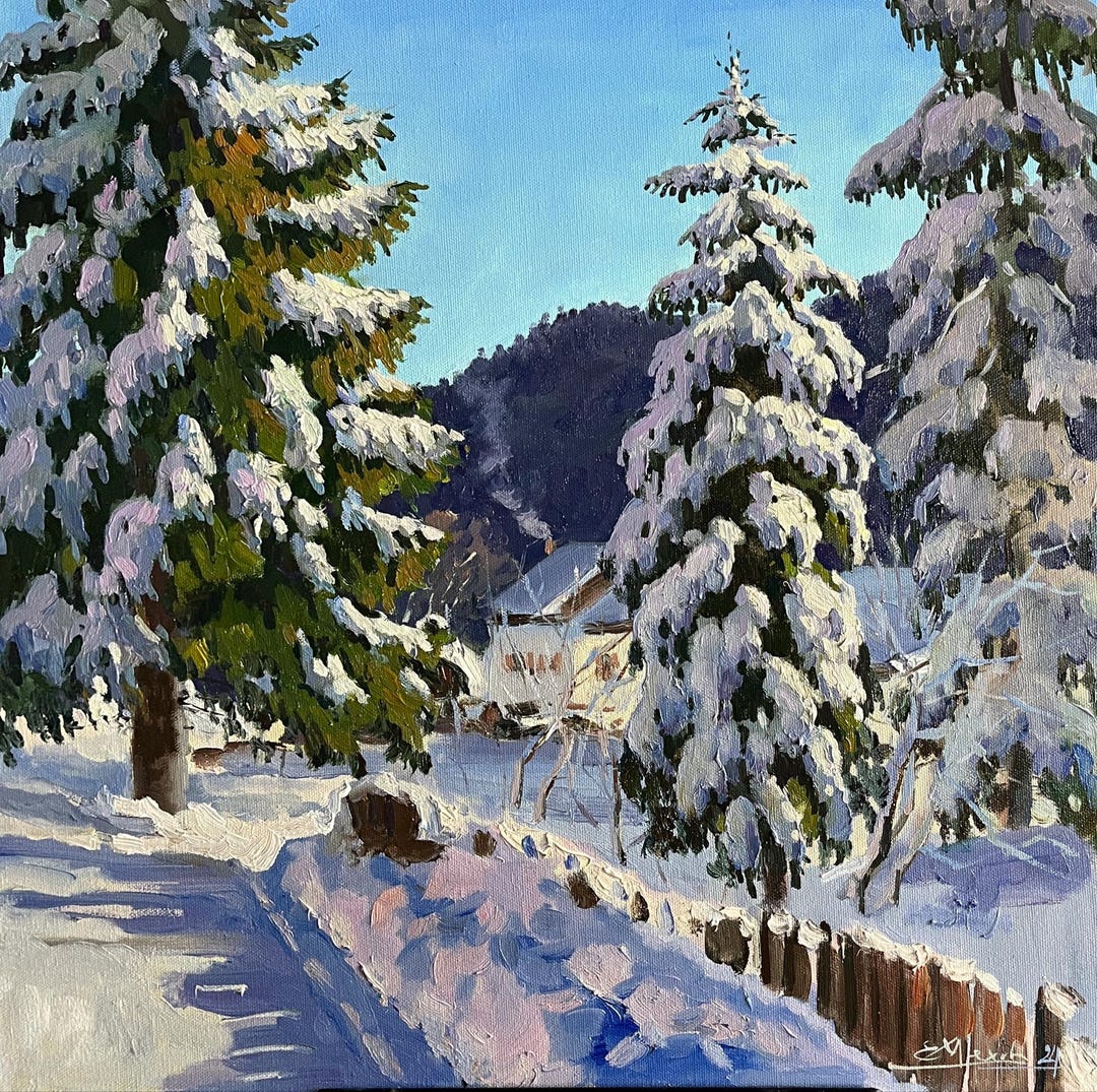 Original Oil Painting: Winter Spruce, Village Snowy Landscape, Bavaria ...