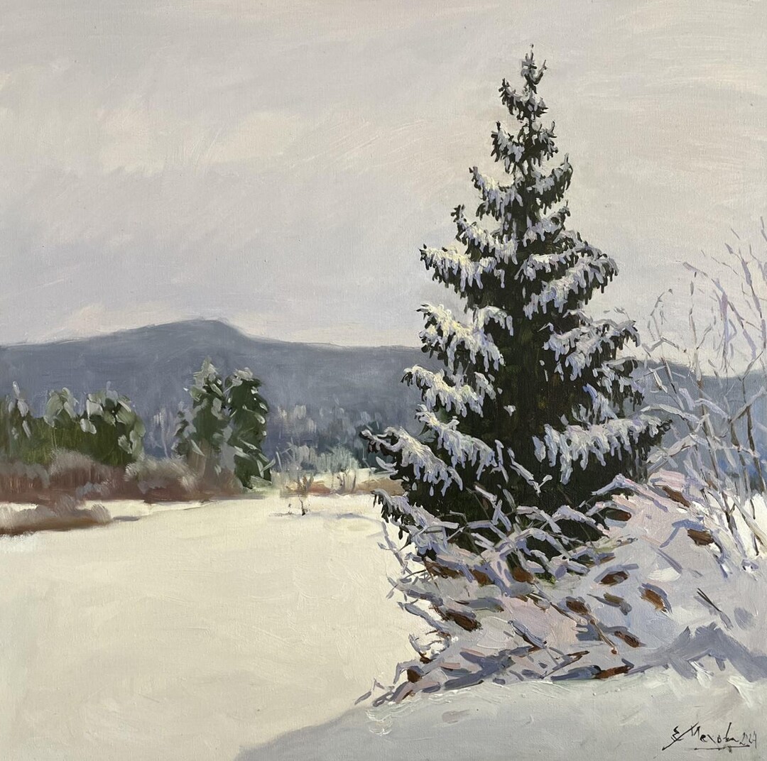 Original Oil Painting Winter Landscape Spruce Snow Village Forest ...