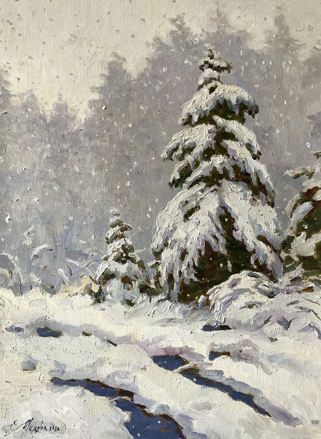 Oil Painting Original Winter Landscape Forest Trees Snowy Picture ...