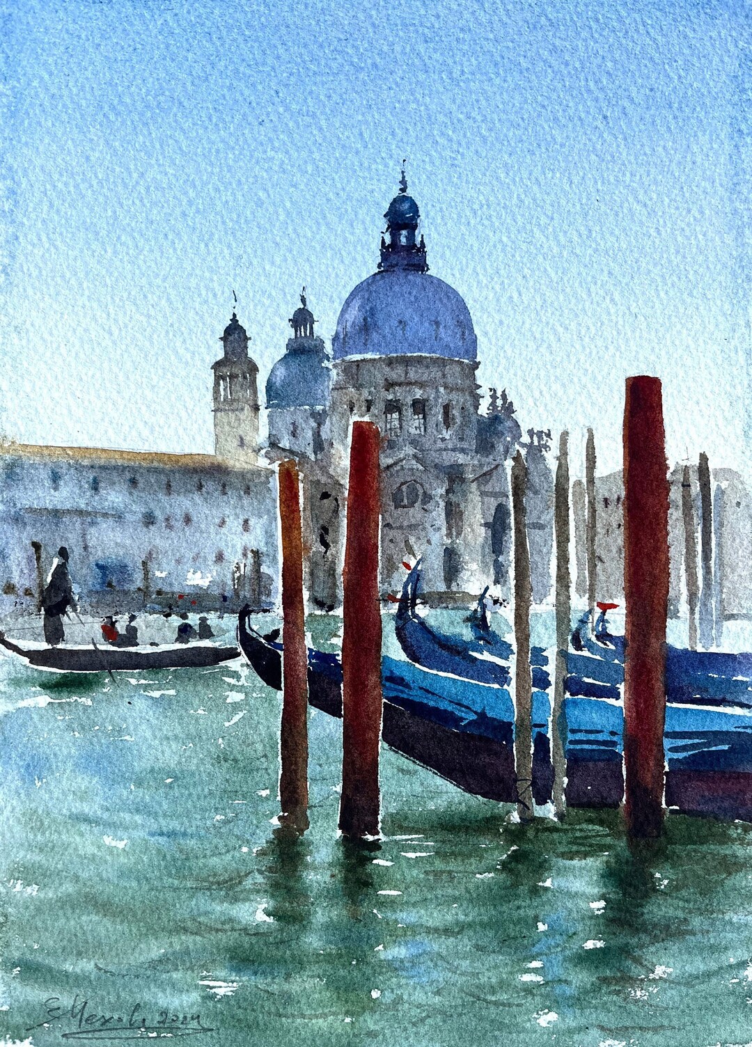 Watercolor Original Painting Venice Italy Grand Canal Gondola Summer ...