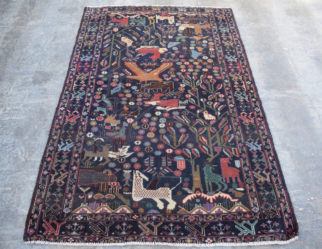 1960s Collectors Piece, 4.4x6.10 Feet Handmade Antique Rug, Animals ...