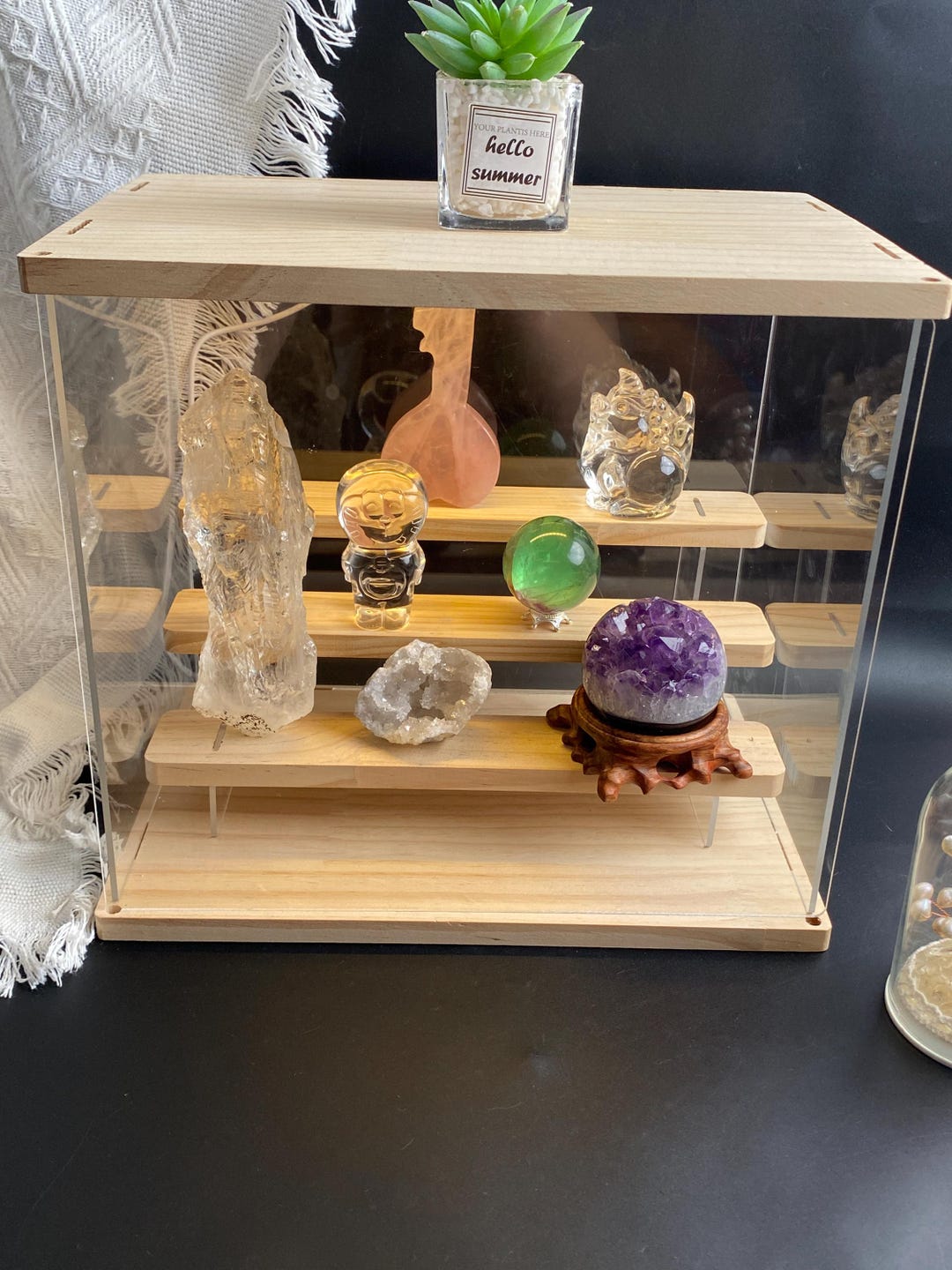 Crystal Display Case , Acrylic Wood Mineral Showcase , Gemstone ...