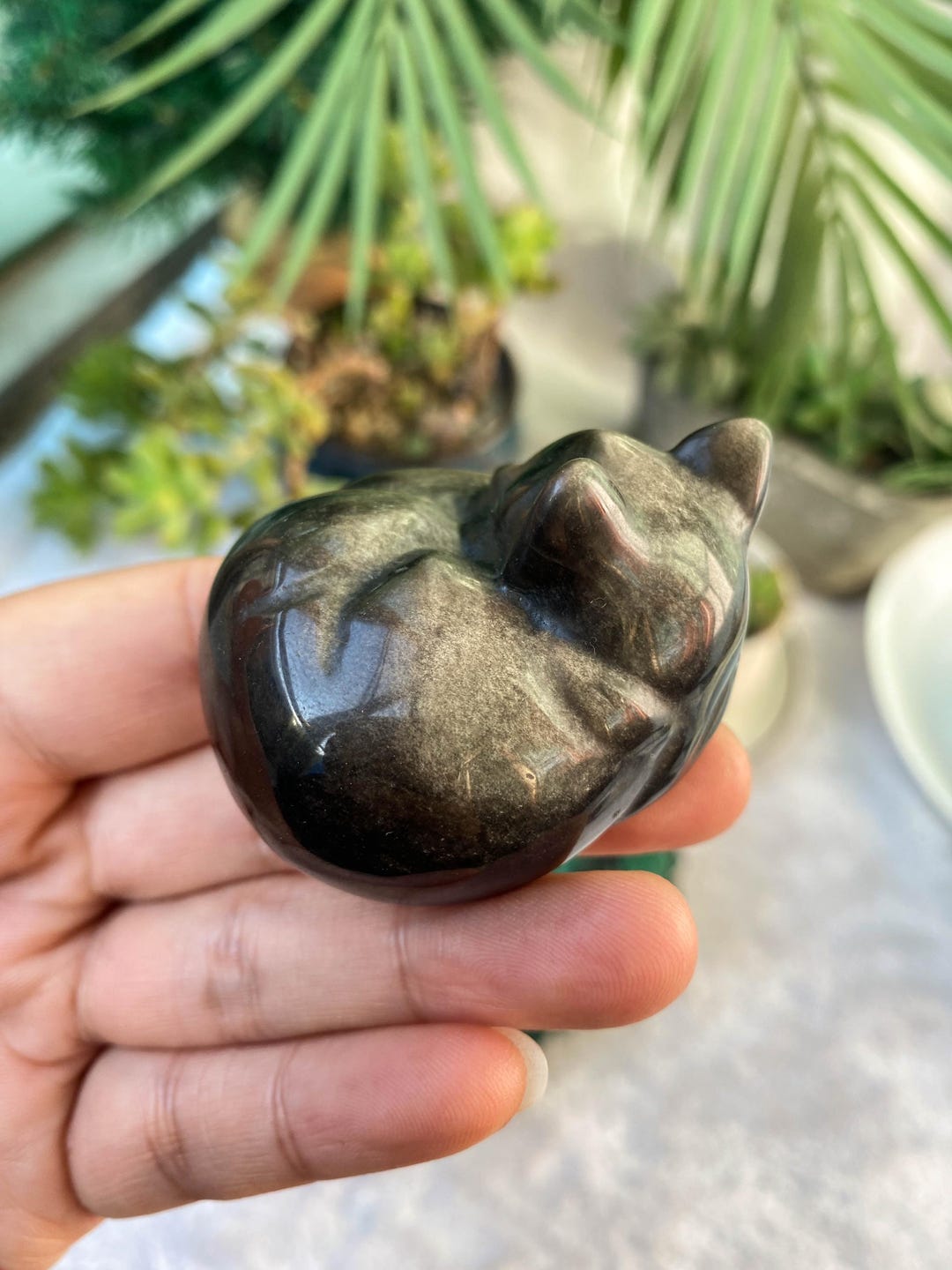 Silver Sheen Obsidian Obsidian Cat , Natural Quartz Cat Statue Carving ...