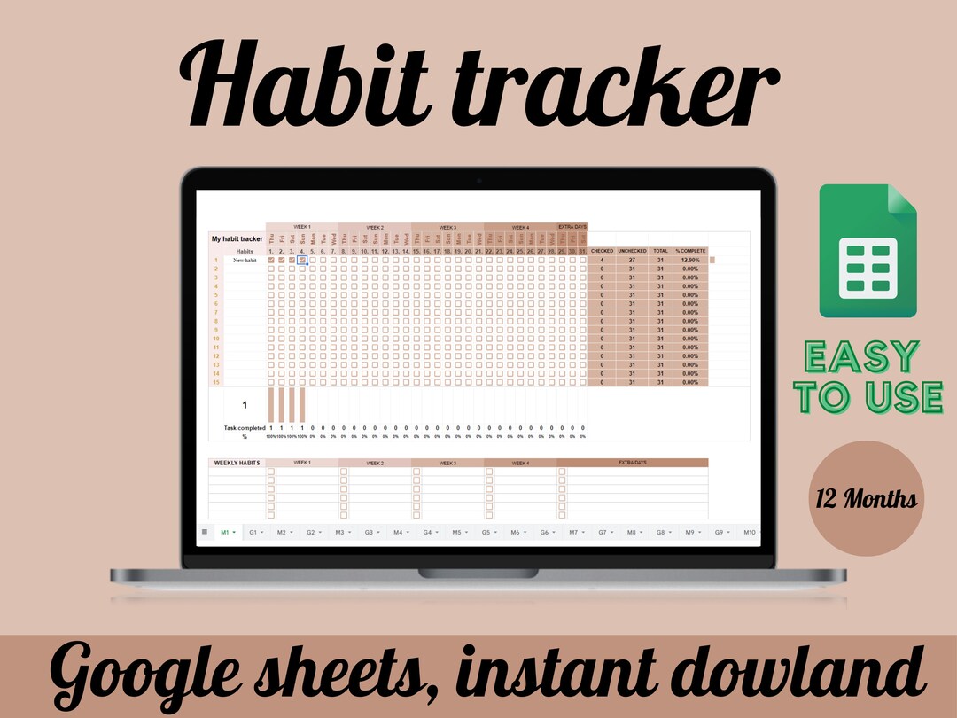 Brown Habit Tracker Spreadsheet, Template for Google Sheets, Daily ...